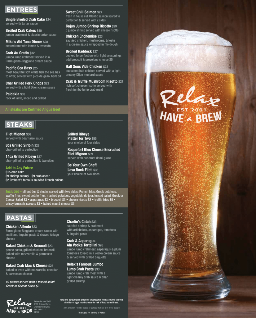Relax Lounge & Grill Menu | Casual Dining in Chambersburg, PA