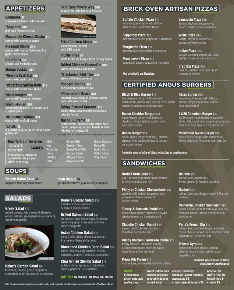 Relax Lounge & Grill Menu | Casual Dining in Chambersburg, PA